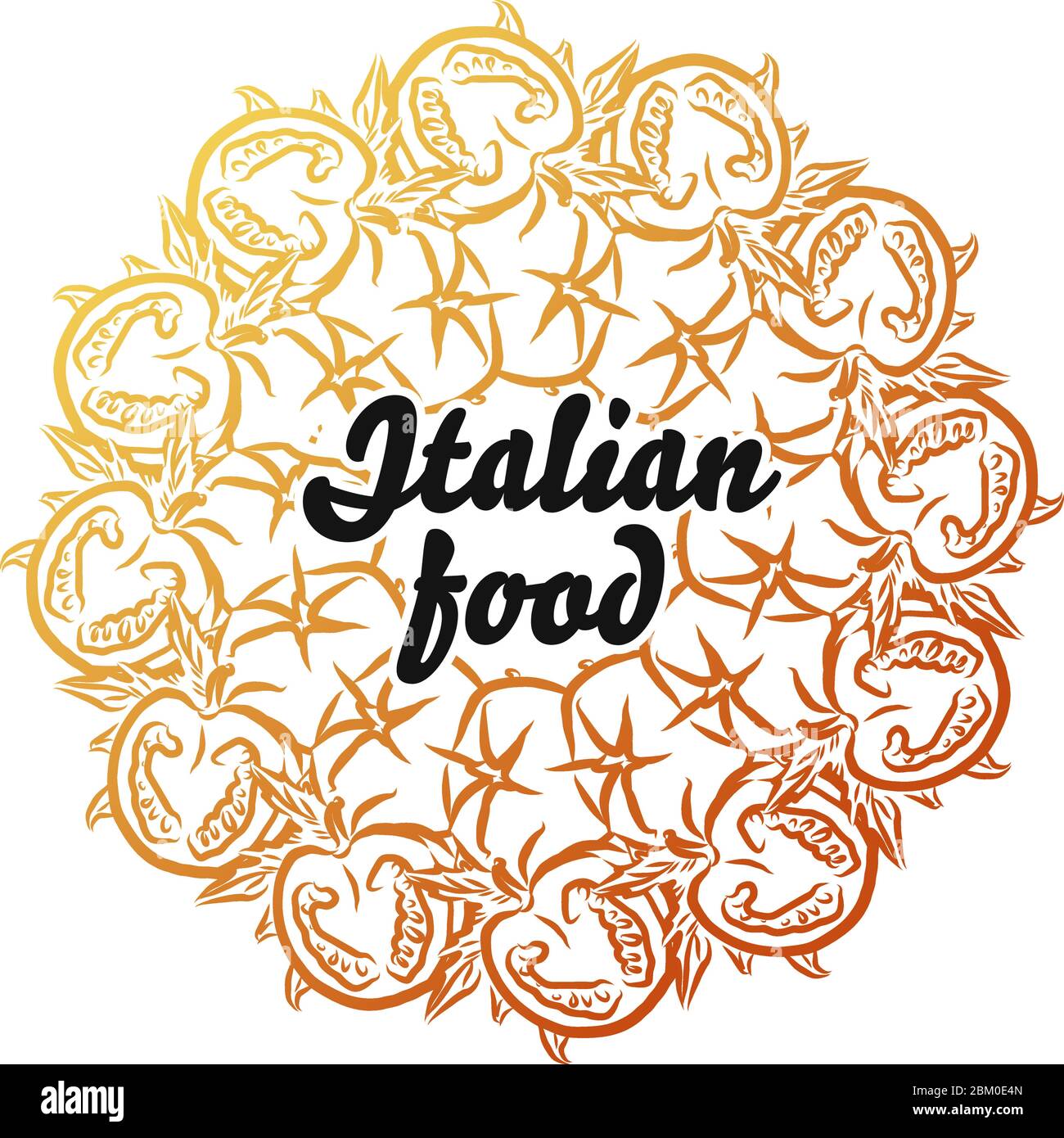 Italian food sign on background of Tomatoes. Round composition with ...