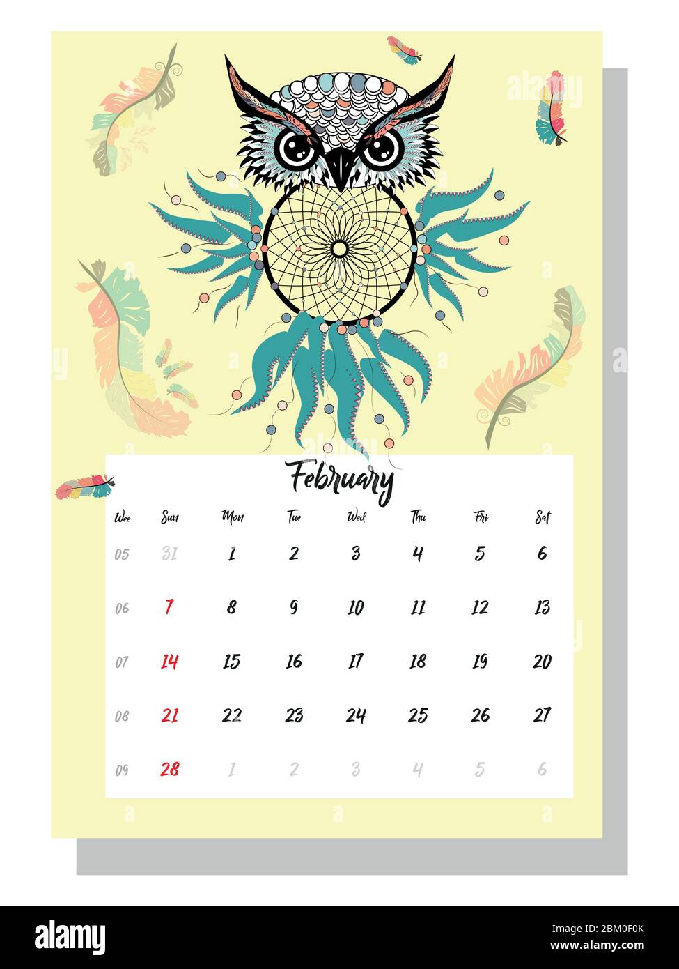 Colorful cute monthly boho calendar 2021 with dream catchers, boho owls ...