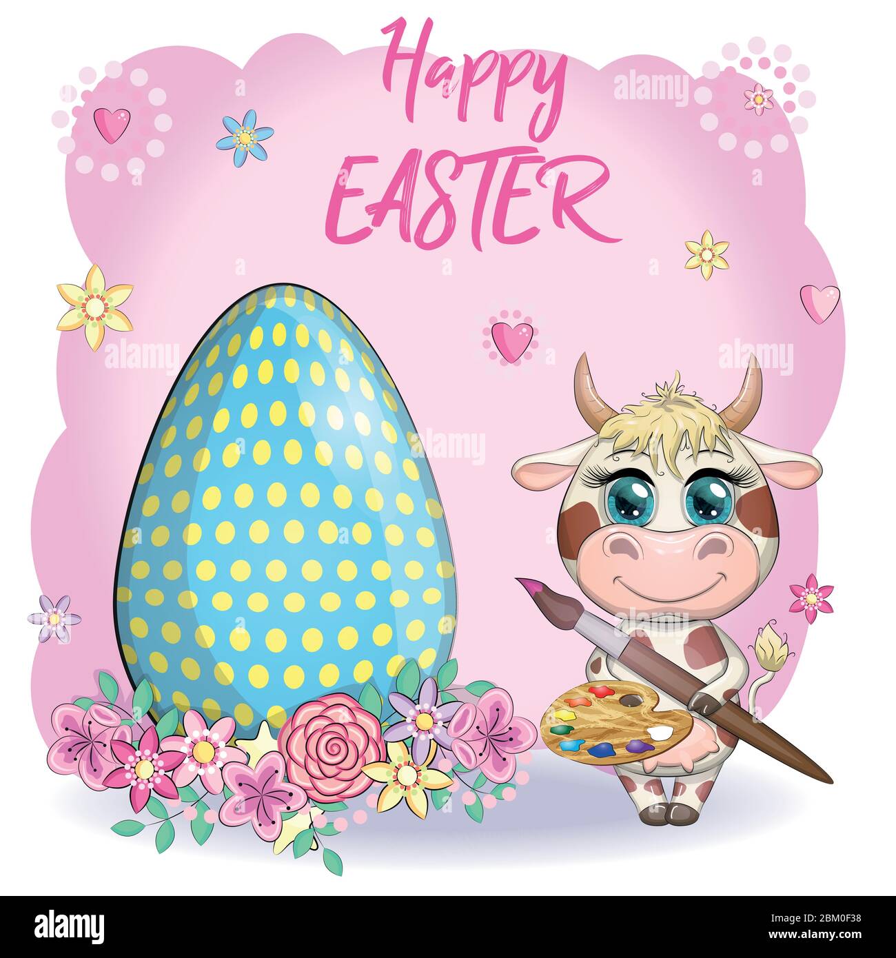 Cute cartoon cow, a bull with an Easter egg, next to a basket of eggs ...