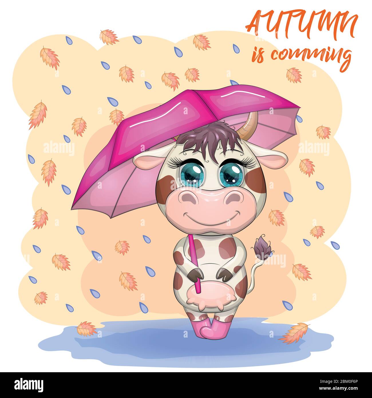 Cute cartoon bull with umbrella among the autumn landscape, leaves fall ...