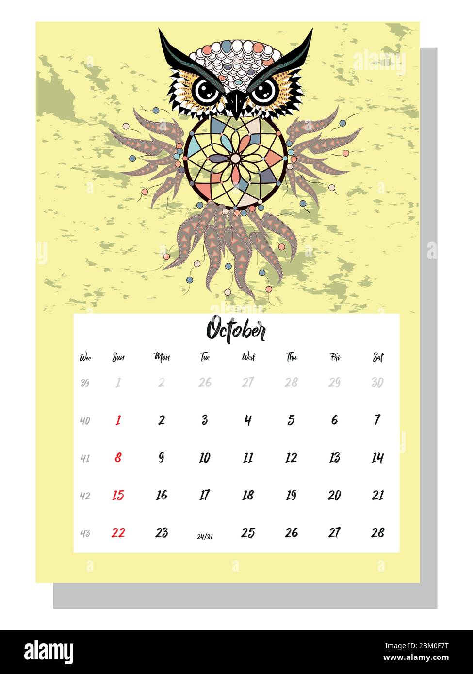 Colorful cute monthly boho calendar 2021 with dream catchers, boho owls ...