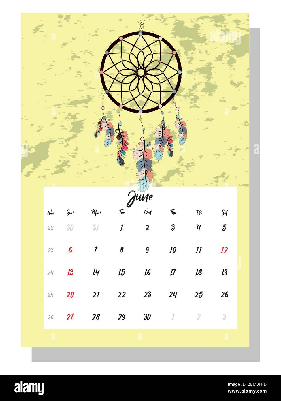 Colorful cute monthly boho calendar 2021 with dream catchers, boho owls ...