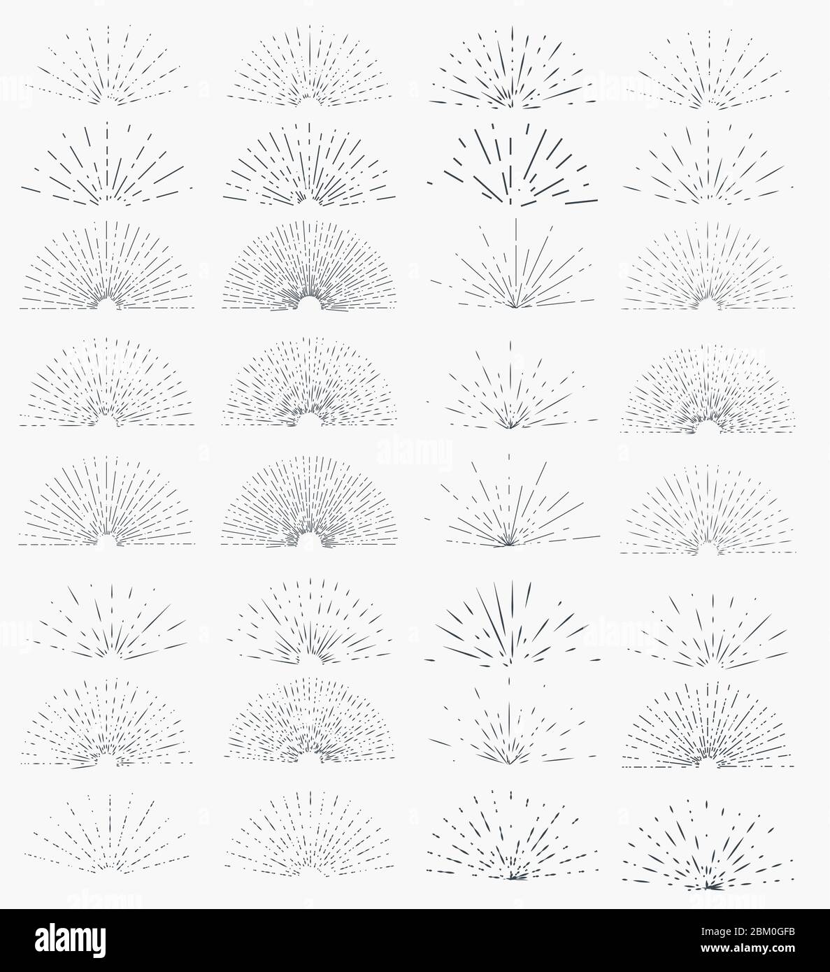 Set of vintage hand drawn sunburst rays design elements, halves ...