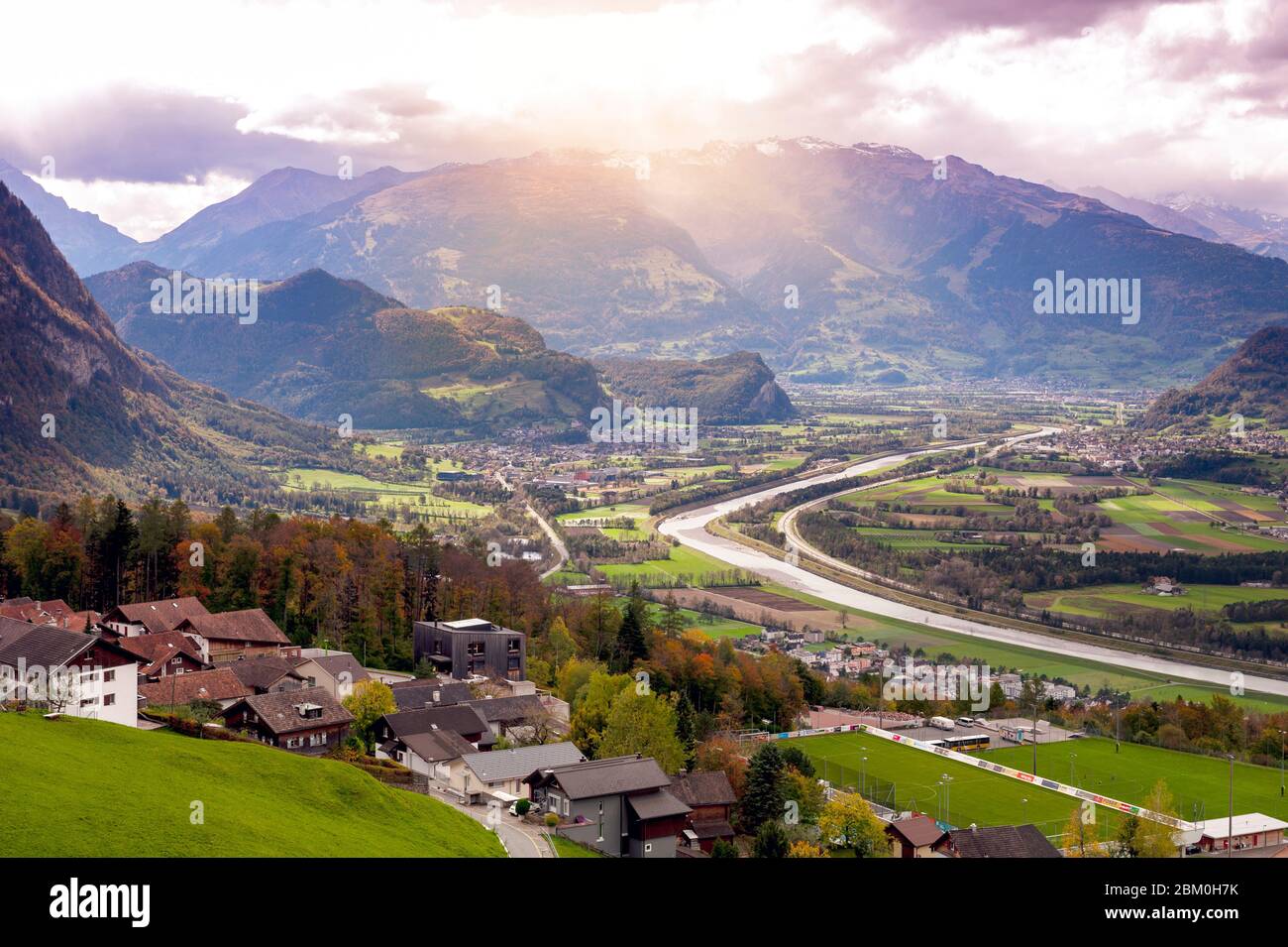 Scenic aerial view of hillside villages in Triesenberg and the river ...