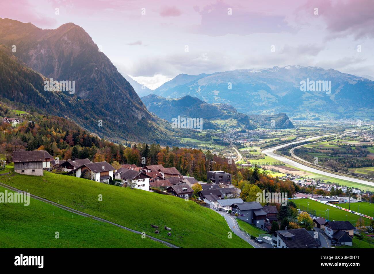 Scenic aerial view of hillside villages in Triesenberg and the river ...