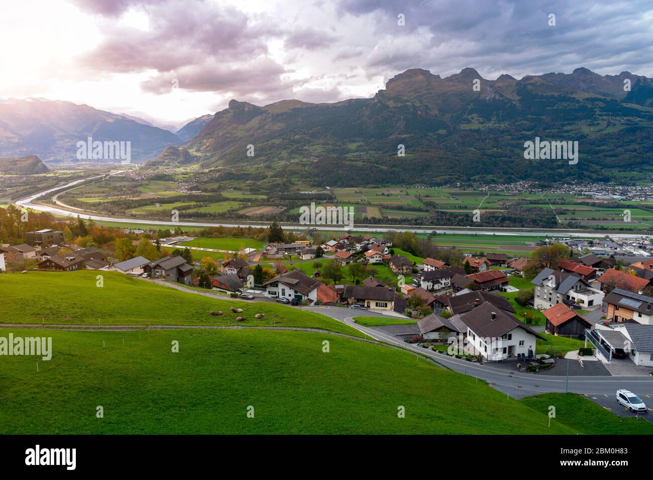 Scenic aerial view of hillside villages in Triesenberg and the river ...