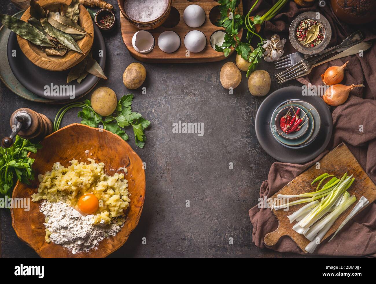 Rustic food background with preparation of potato dough . Mashed ...