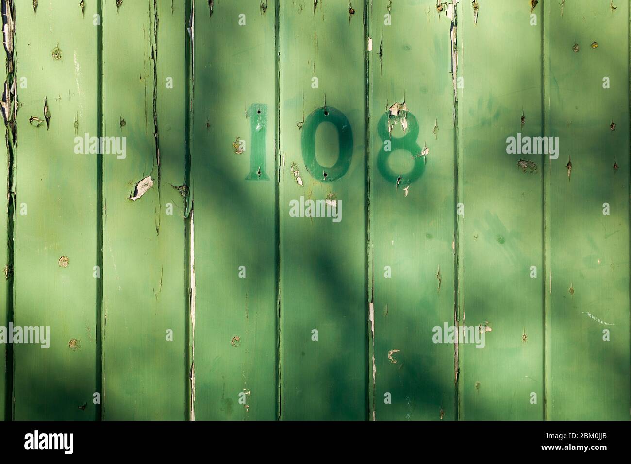 Close up of peeling paint against green faded rotting wooden panels ...