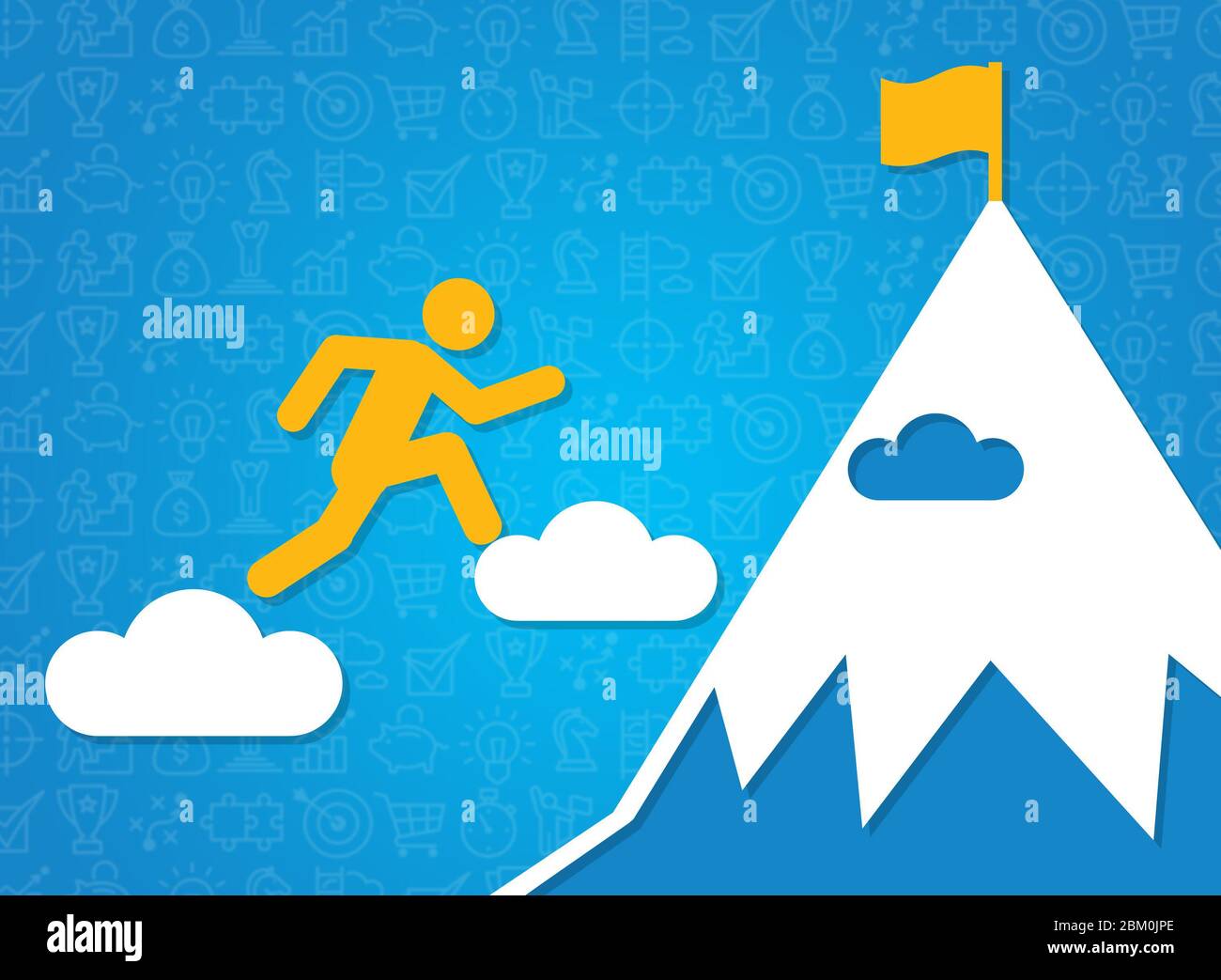 Achieving goals. Illustration with person jumping clouds to reach ...