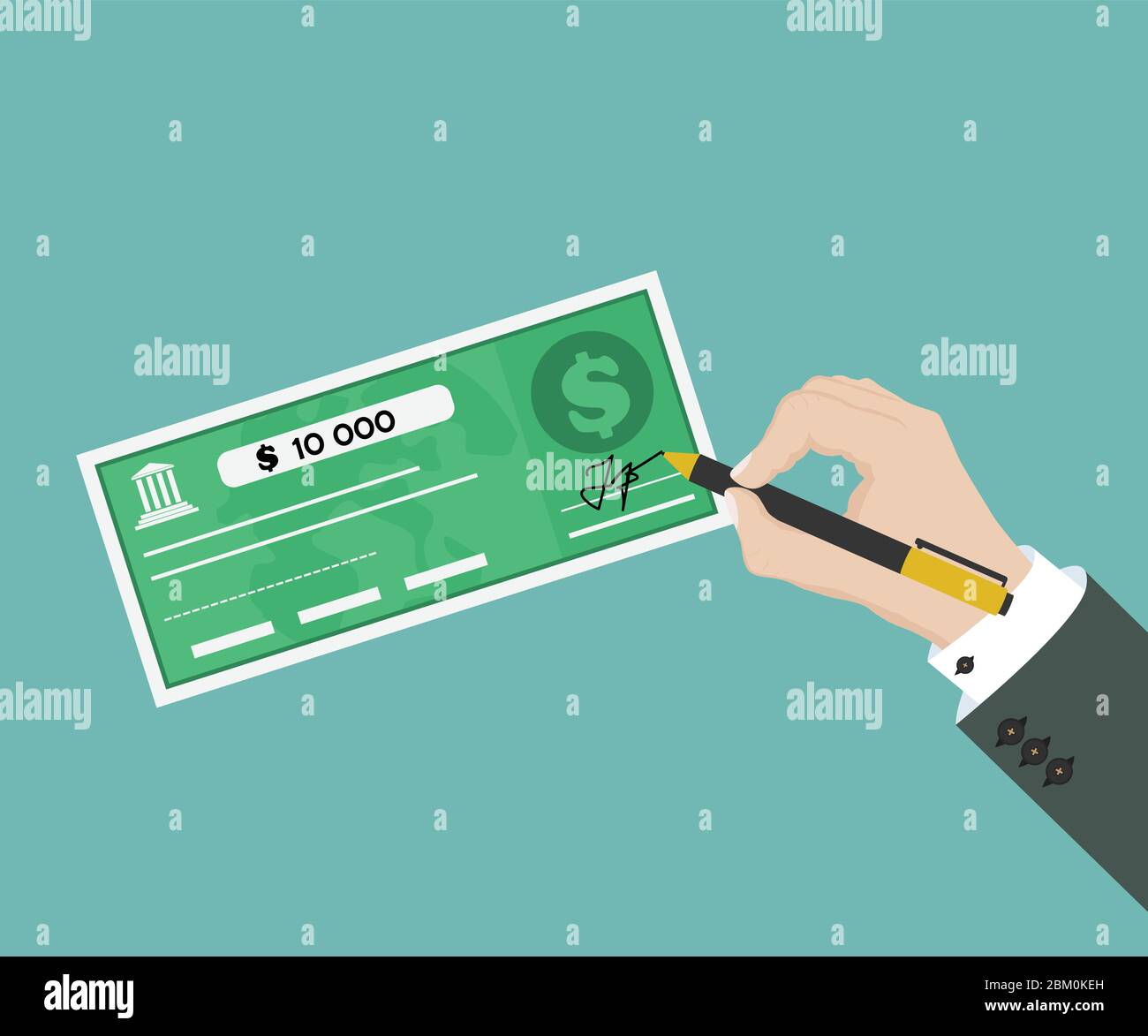 Man hand sigh bank check. Top view of vector illustration in flat ...