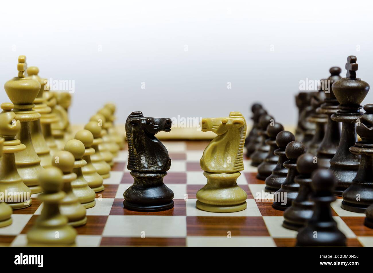 knight facing each other on a chess board with black and white pieces ...