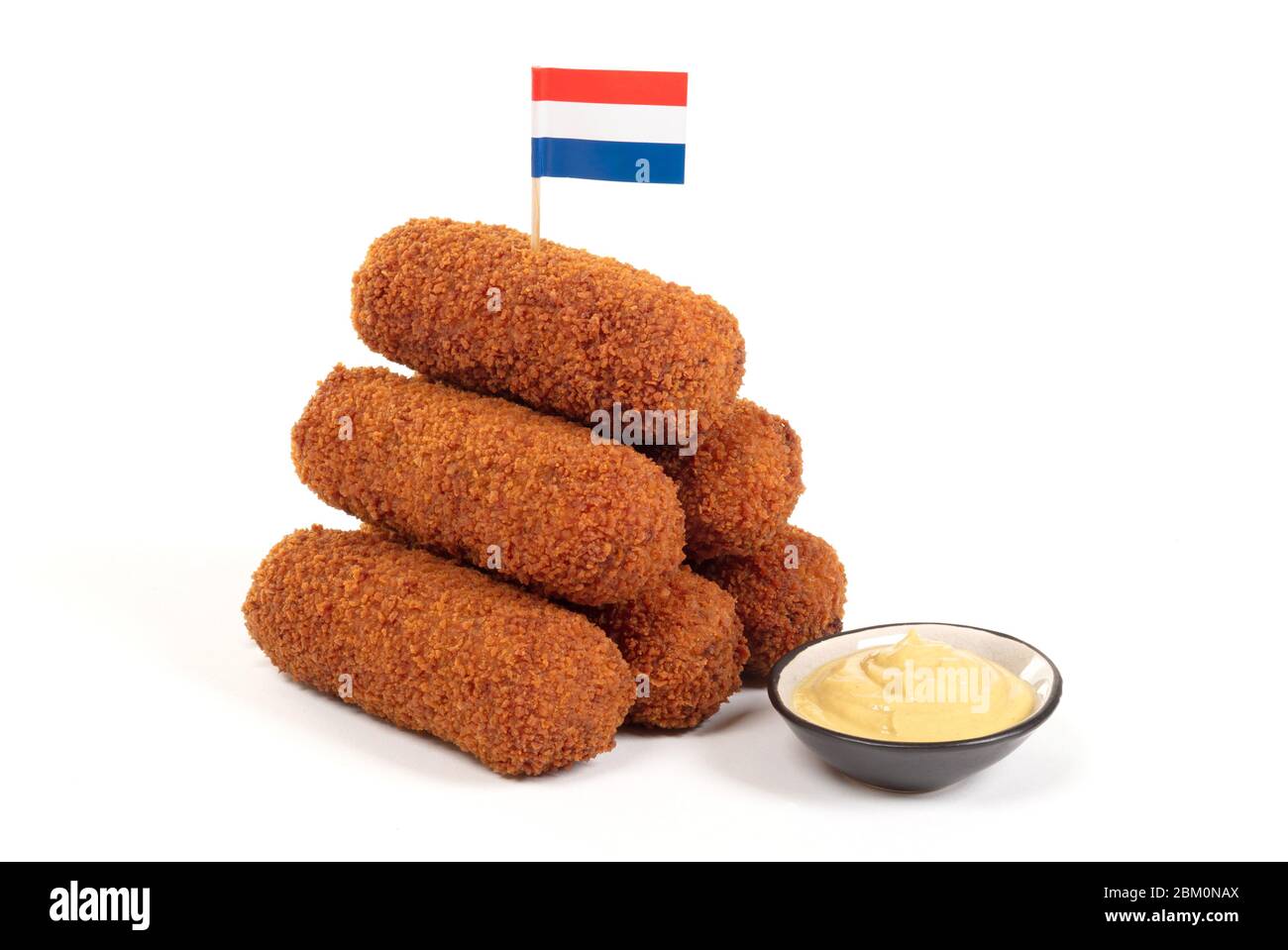 Brown crusty dutch kroketten with dutch flag, isolated on a white ...