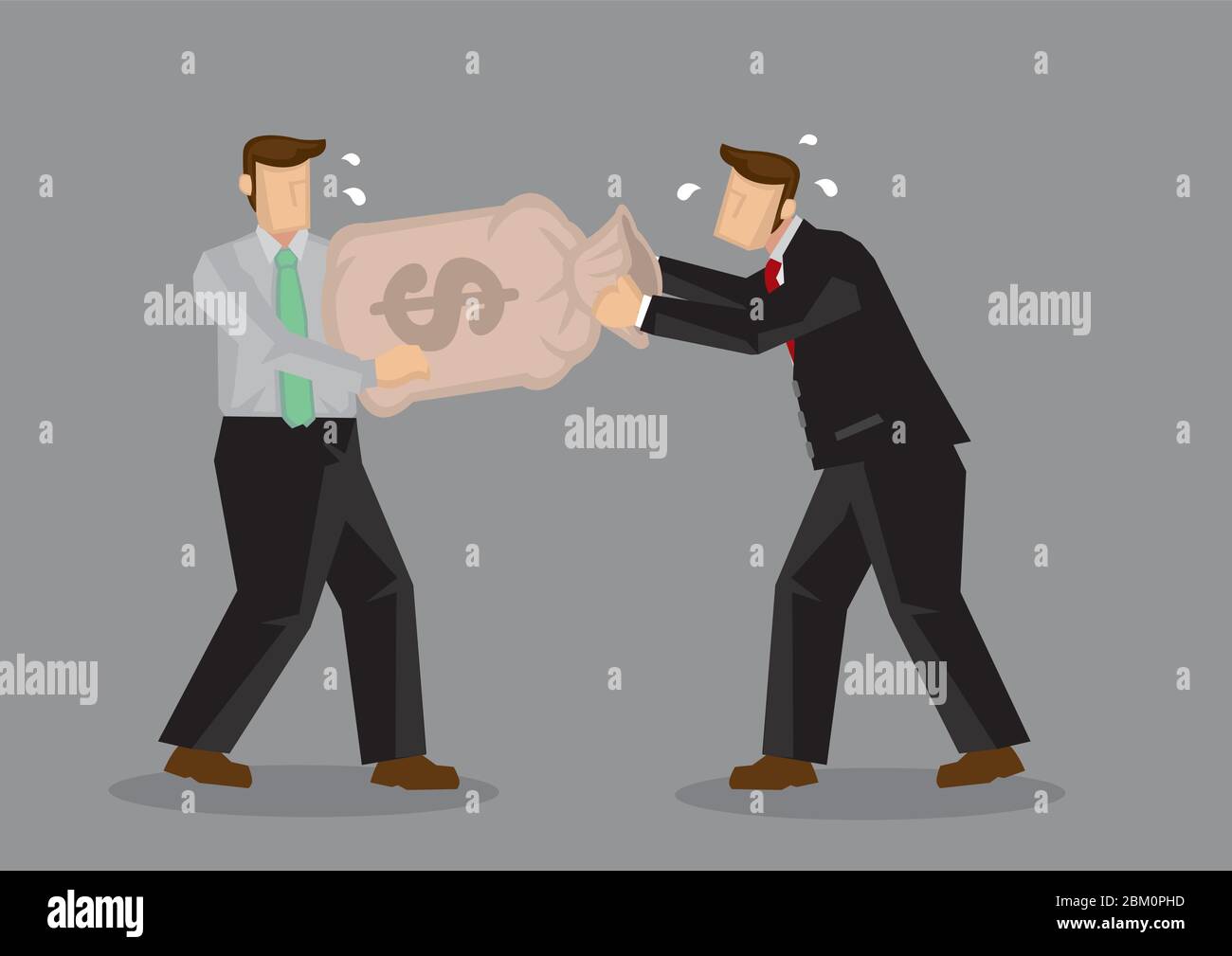 Two cartoon businessmen pulling at a sack of money. Creative vector ...