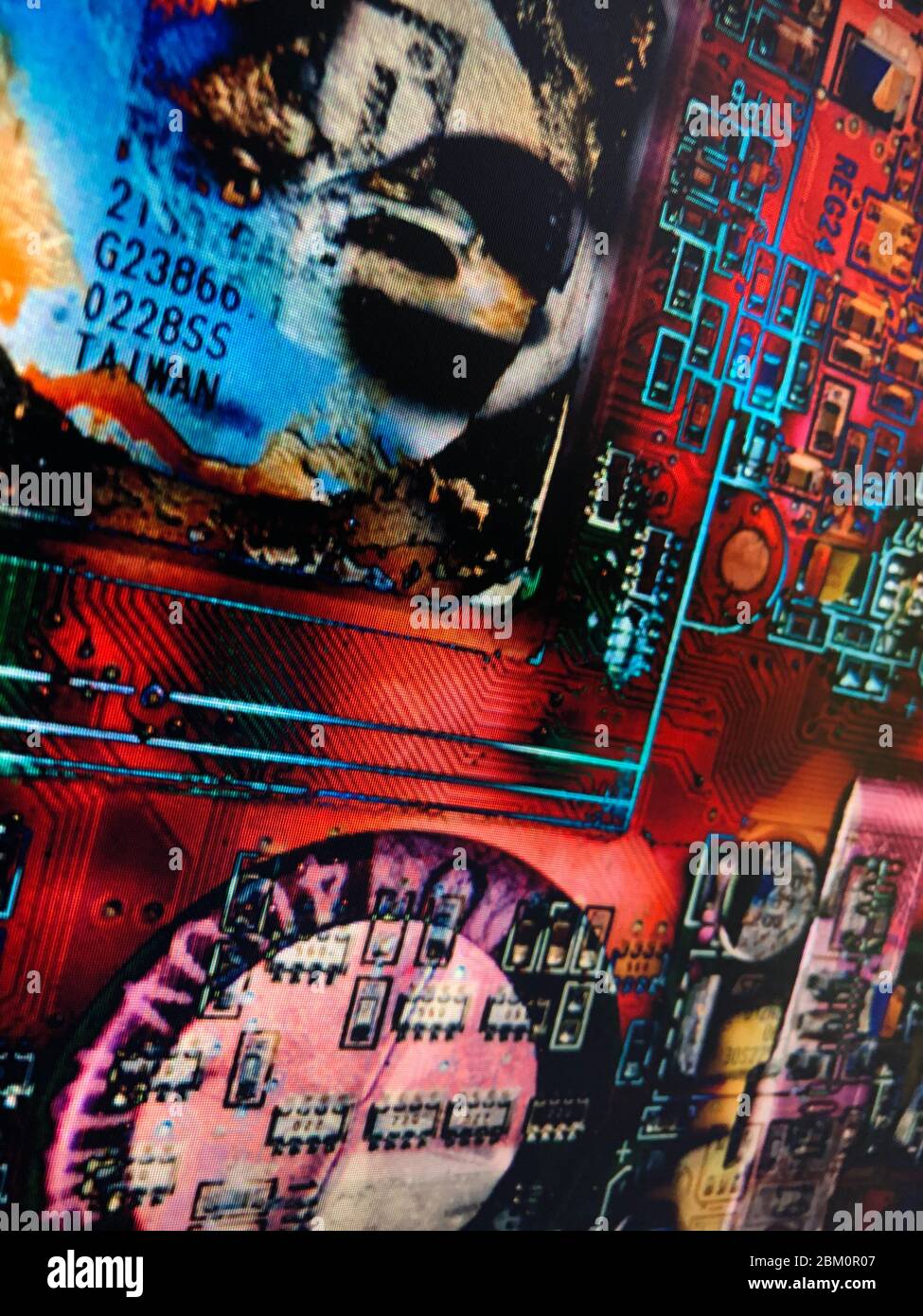 Closeup details of computer circuit board with experimental treatment ...