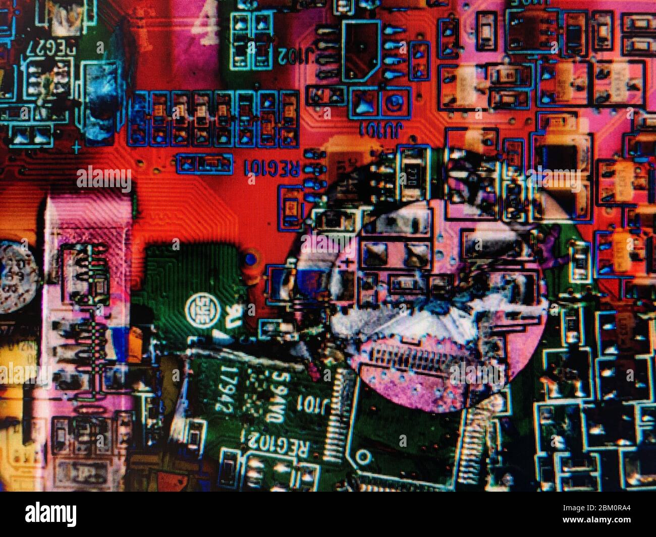 Closeup details of computer circuit board with experimental treatment ...