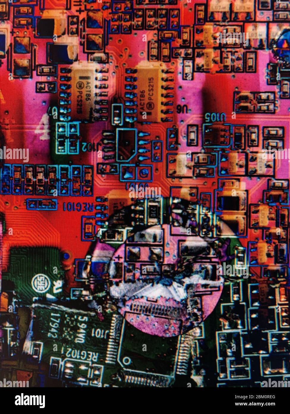Closeup details of computer circuit board with experimental treatment ...