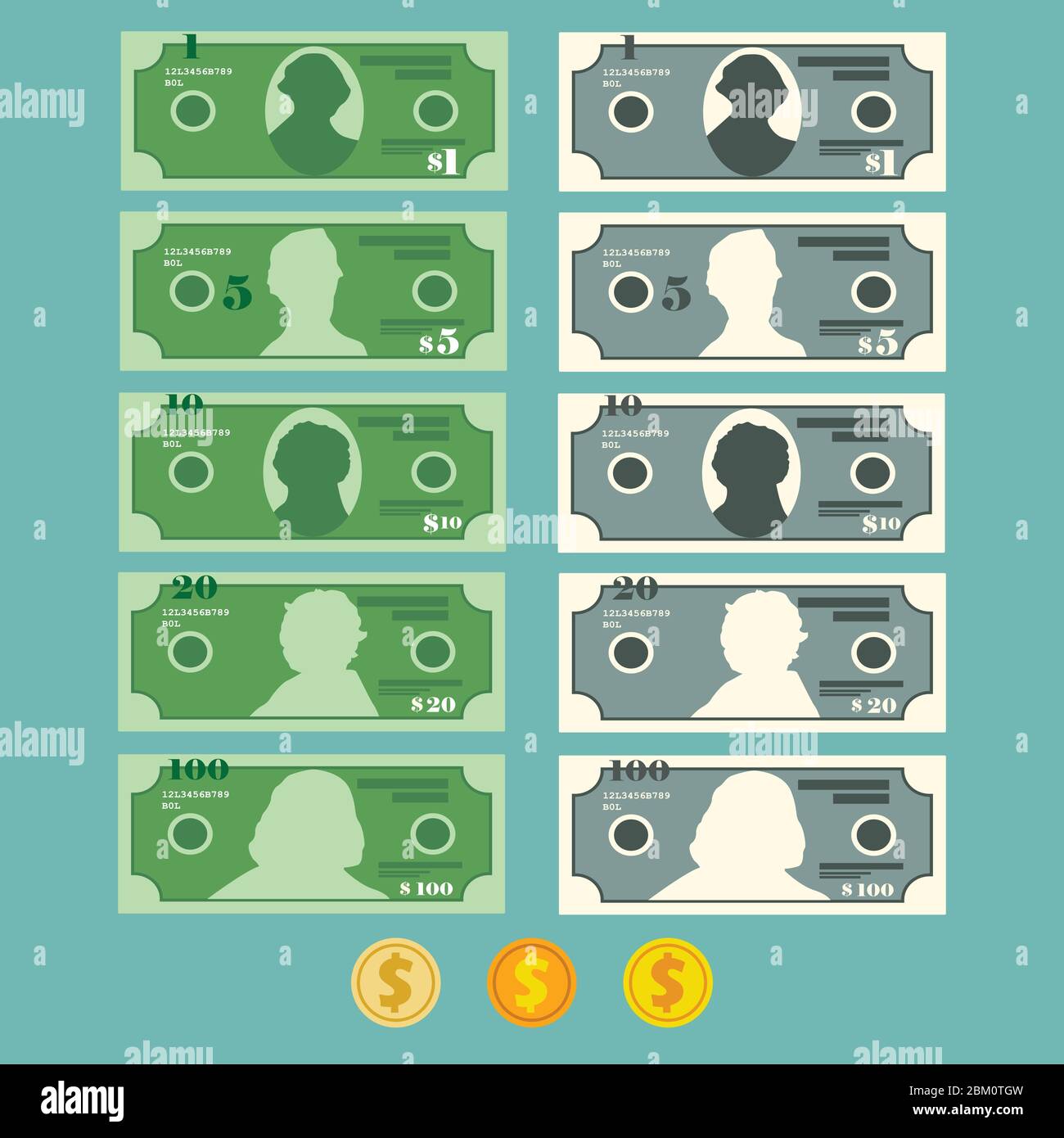 Currency dollar banknote set, vector illustration in flat design Stock ...