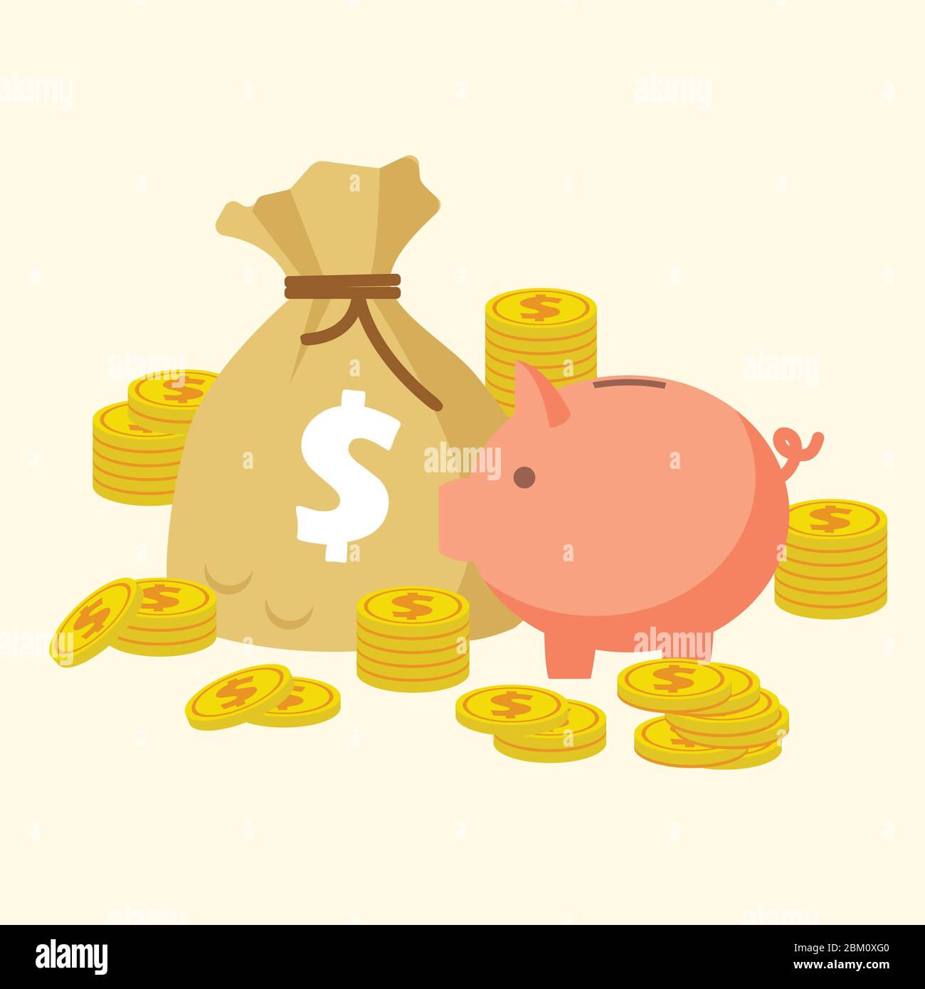 Piggy bank, money bag, dollar coins in flat design vector illustration ...