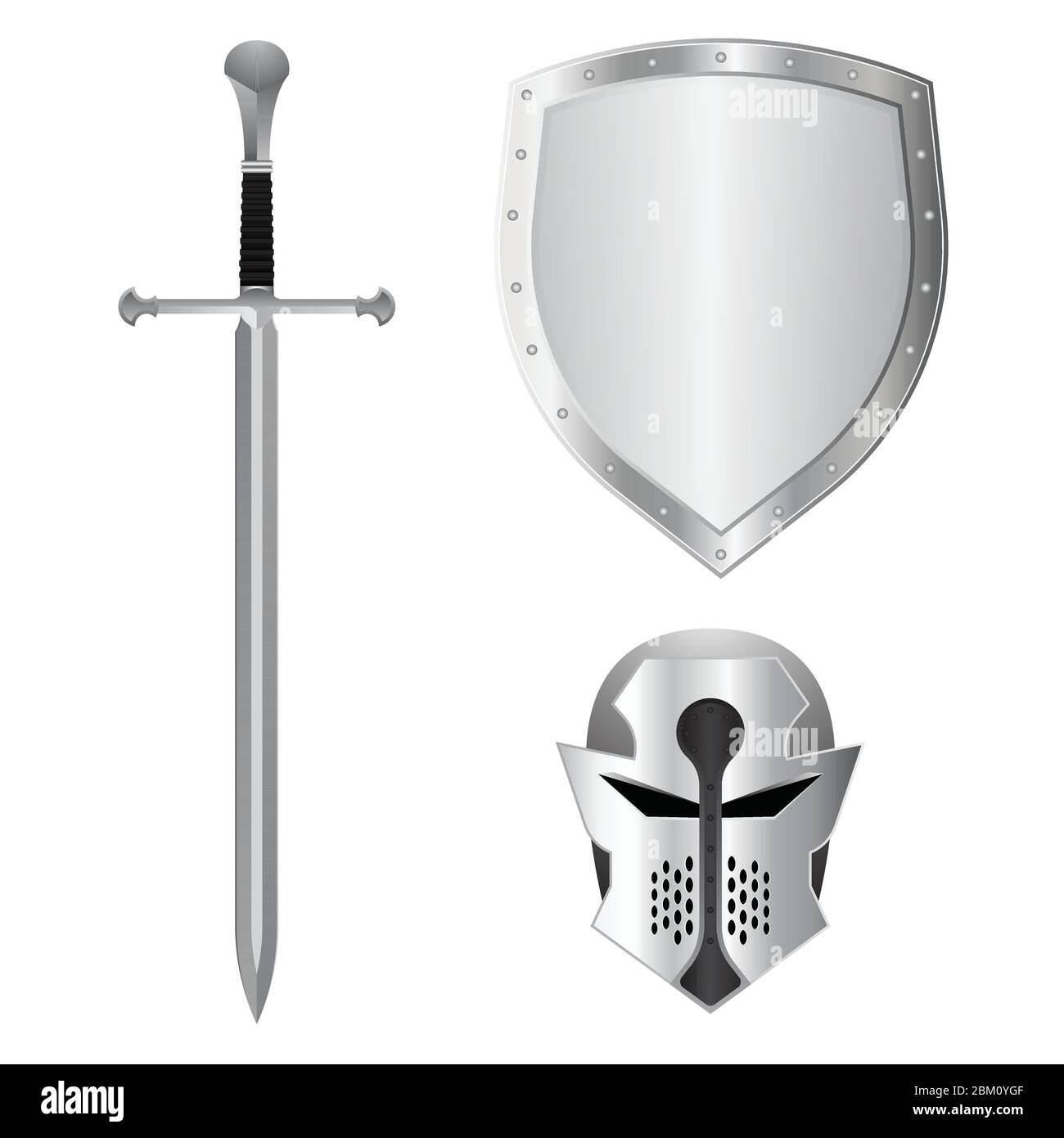 Sword, helmet and shield set. Vector illustration isolated on white ...