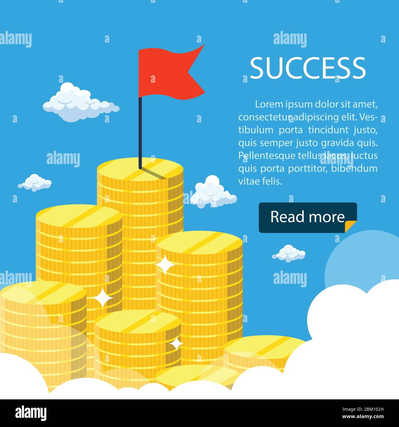 Big growth money stairs in sky with red flag. Success financial rich ...