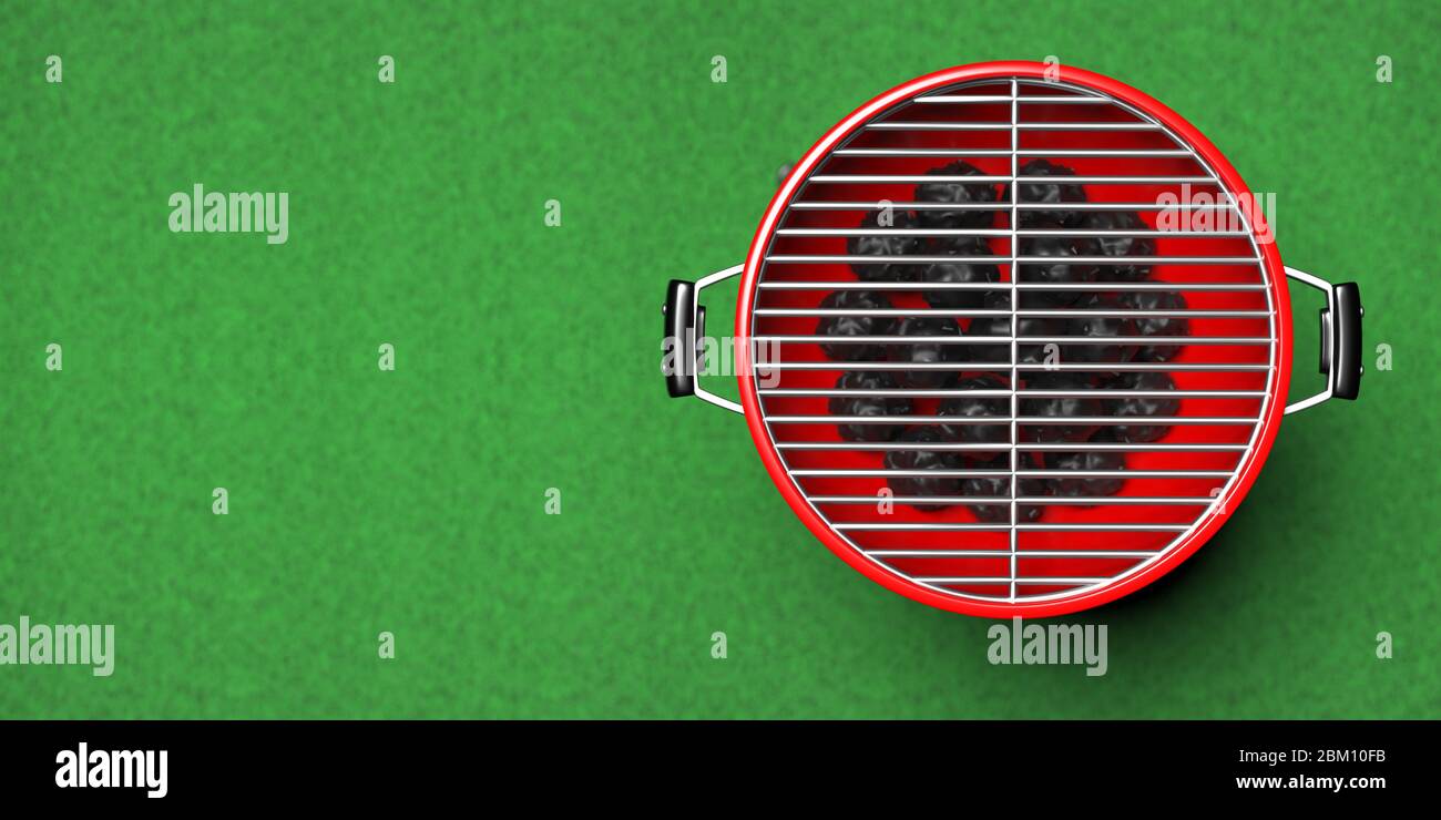 BBQ grill on the grass top view. Barbecue red color, round shape ...