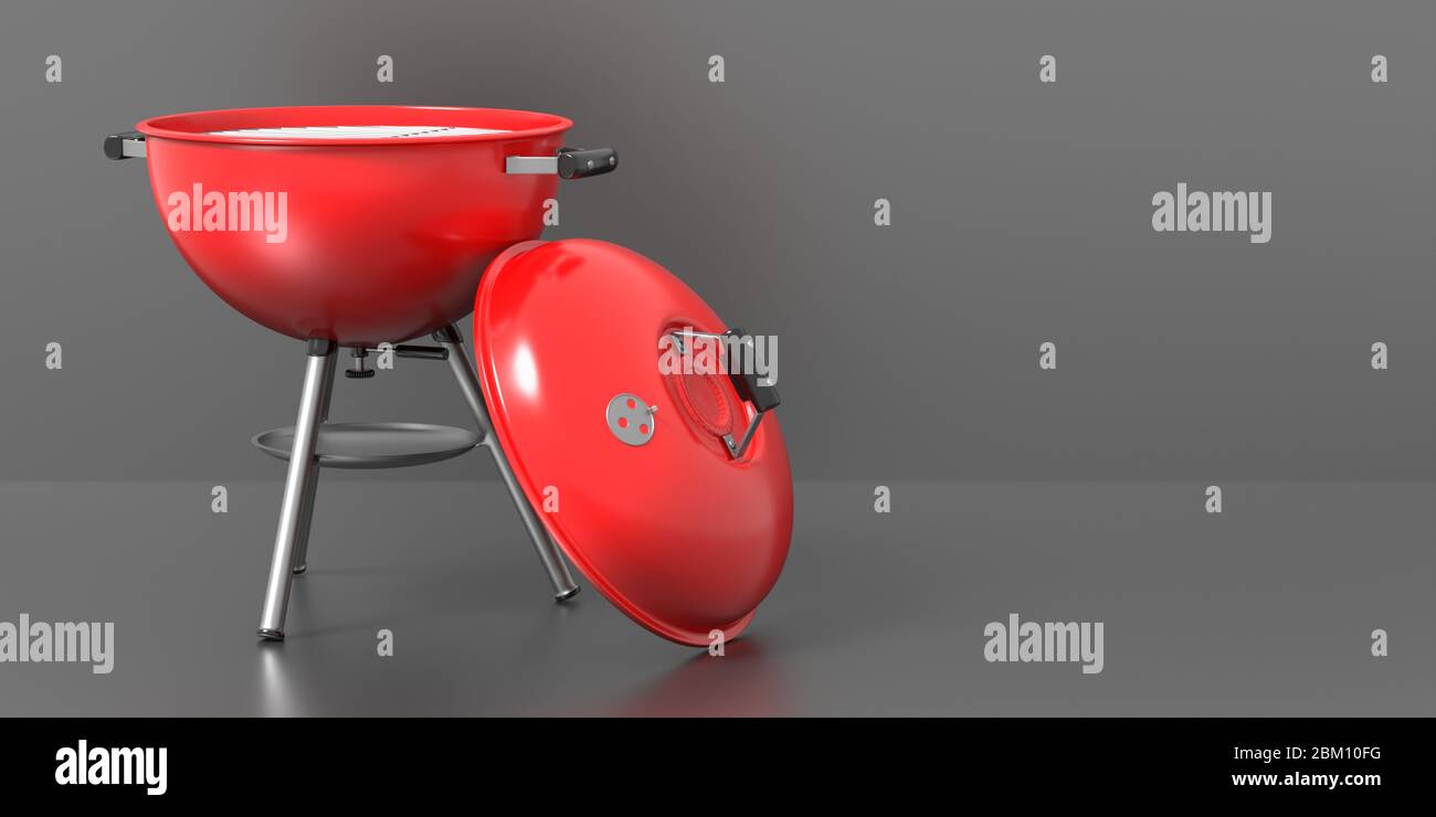 BBQ grill. Barbecue red color, with lid isolated against gray ...