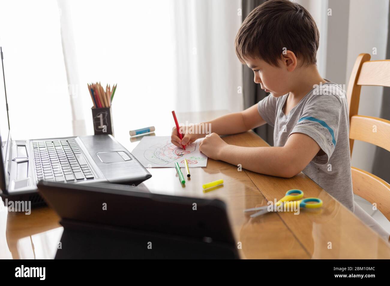 distance learning online, boy studying from home, homeschooling, kids ...