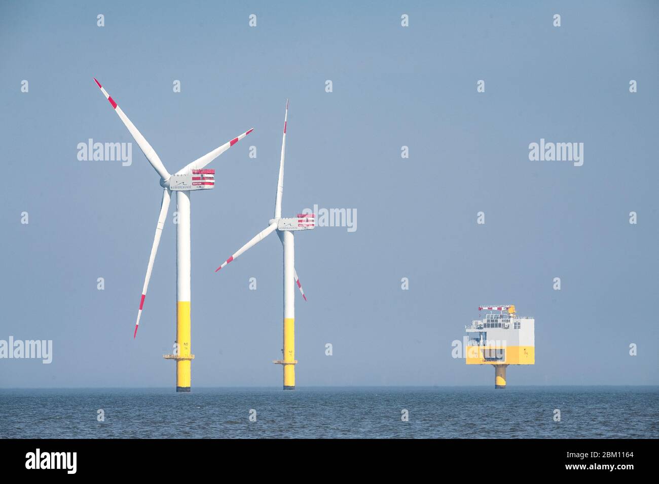 23 April 2020, North Sea, -: The Nordergründe offshore wind farm with ...