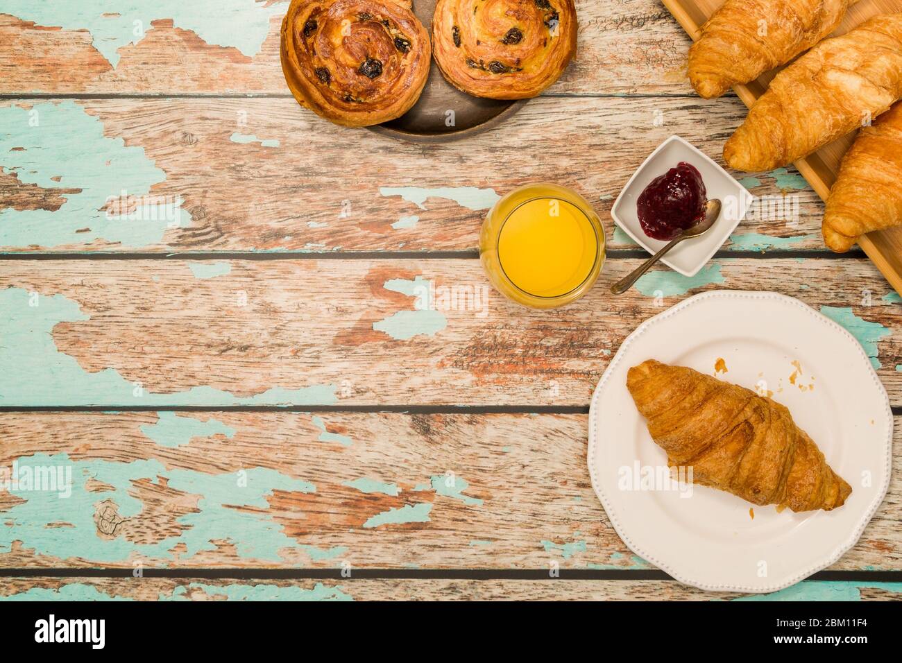 Continental Breakfast With Croissants on Rustic Table Overhead Flatlay ...