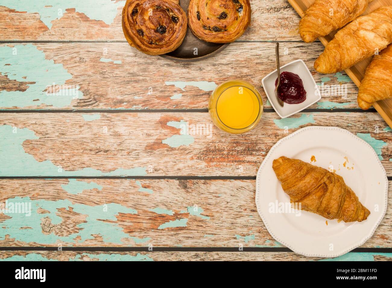 Continental Breakfast With Croissants on Rustic Table Overhead Flatlay ...