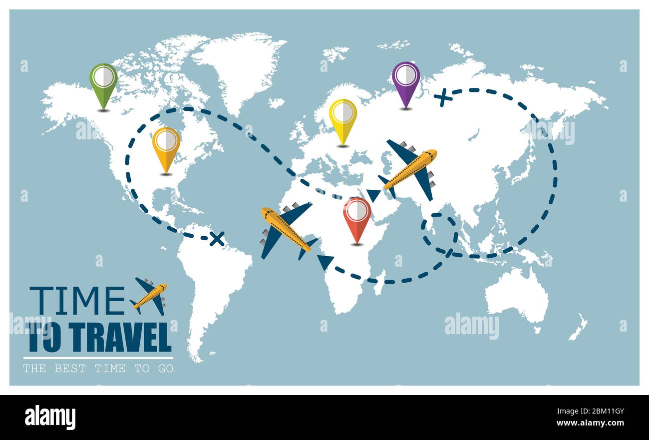 Flying airplane with dash path line. Time to travel Concept ...