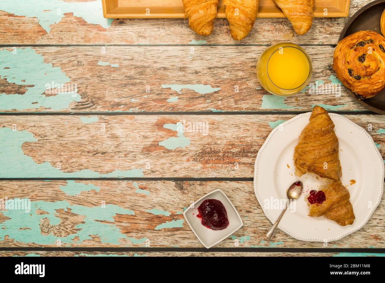 Continental Breakfast With Croissants on Rustic Table Overhead Flatlay ...