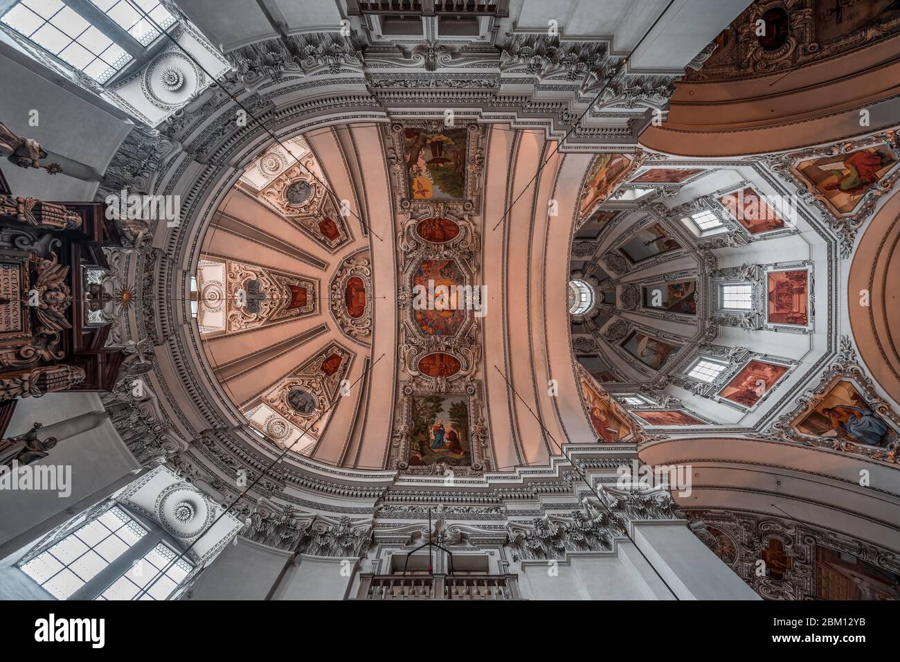 Ultrawide upward view of central dome altar ceiling inside Salzburg ...