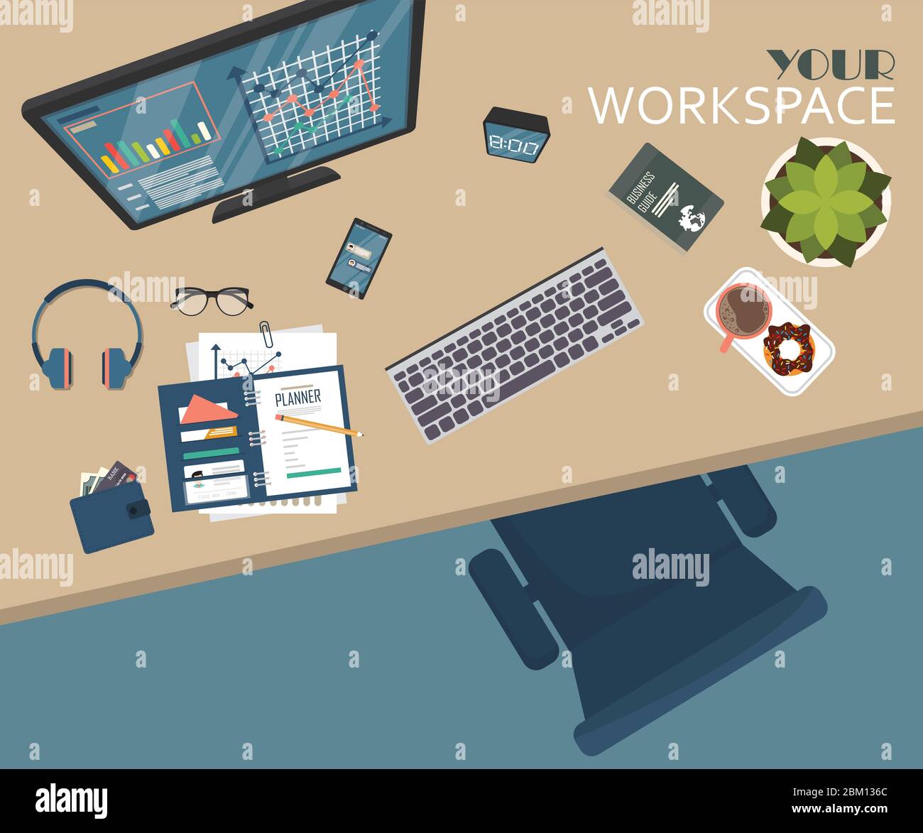 Business workspace top view. Office objects. Business planning and ...