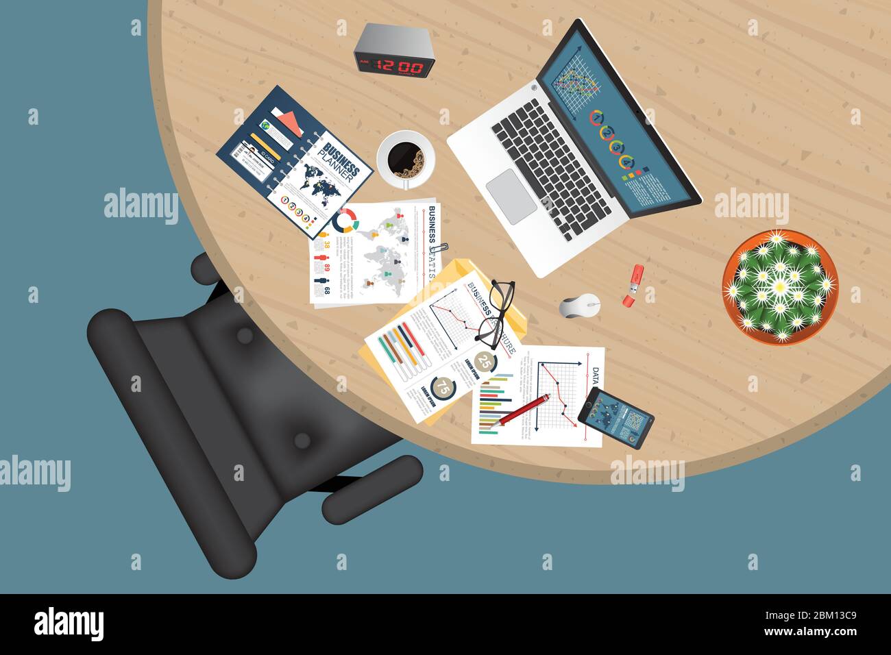 Business workspace top view. Office objects. Business planning and ...