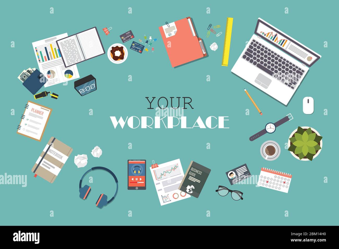 Business workspace top view. Office objects. Business planning and ...