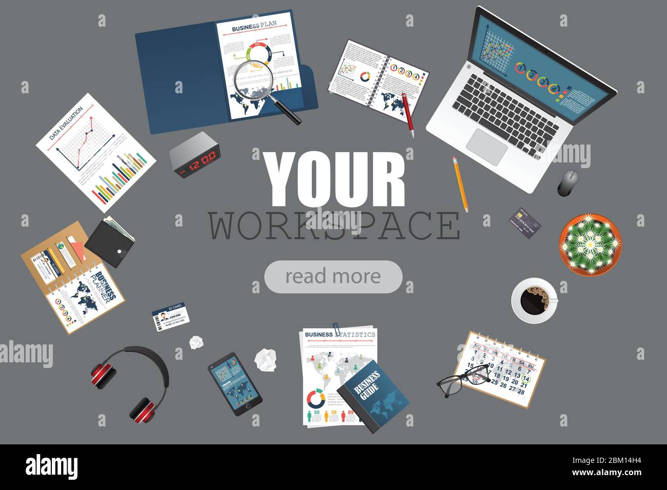 Business workspace top view. Office objects. Business planning and ...