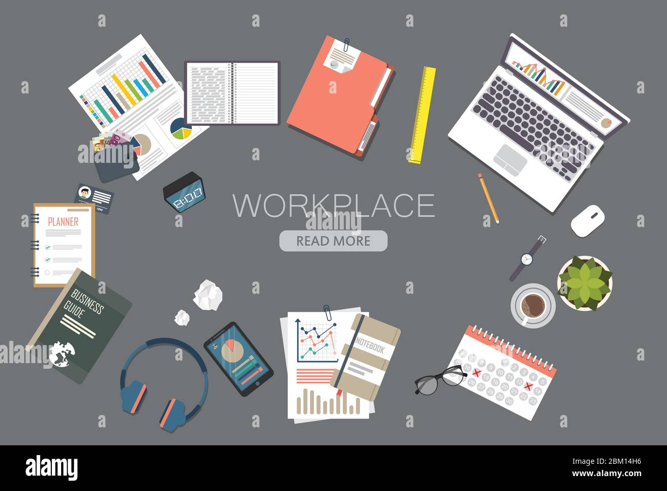 Business workspace top view. Office objects. Business planning and ...