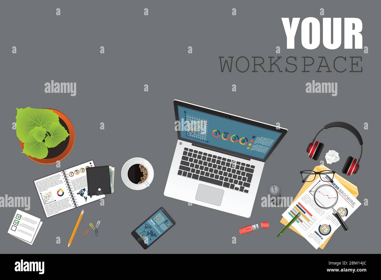 Business workspace top view. Office objects. Business planning and ...