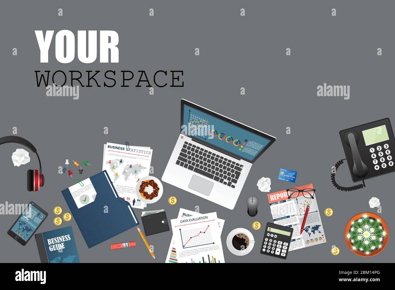 Business workspace top view. Office objects. Business planning and ...