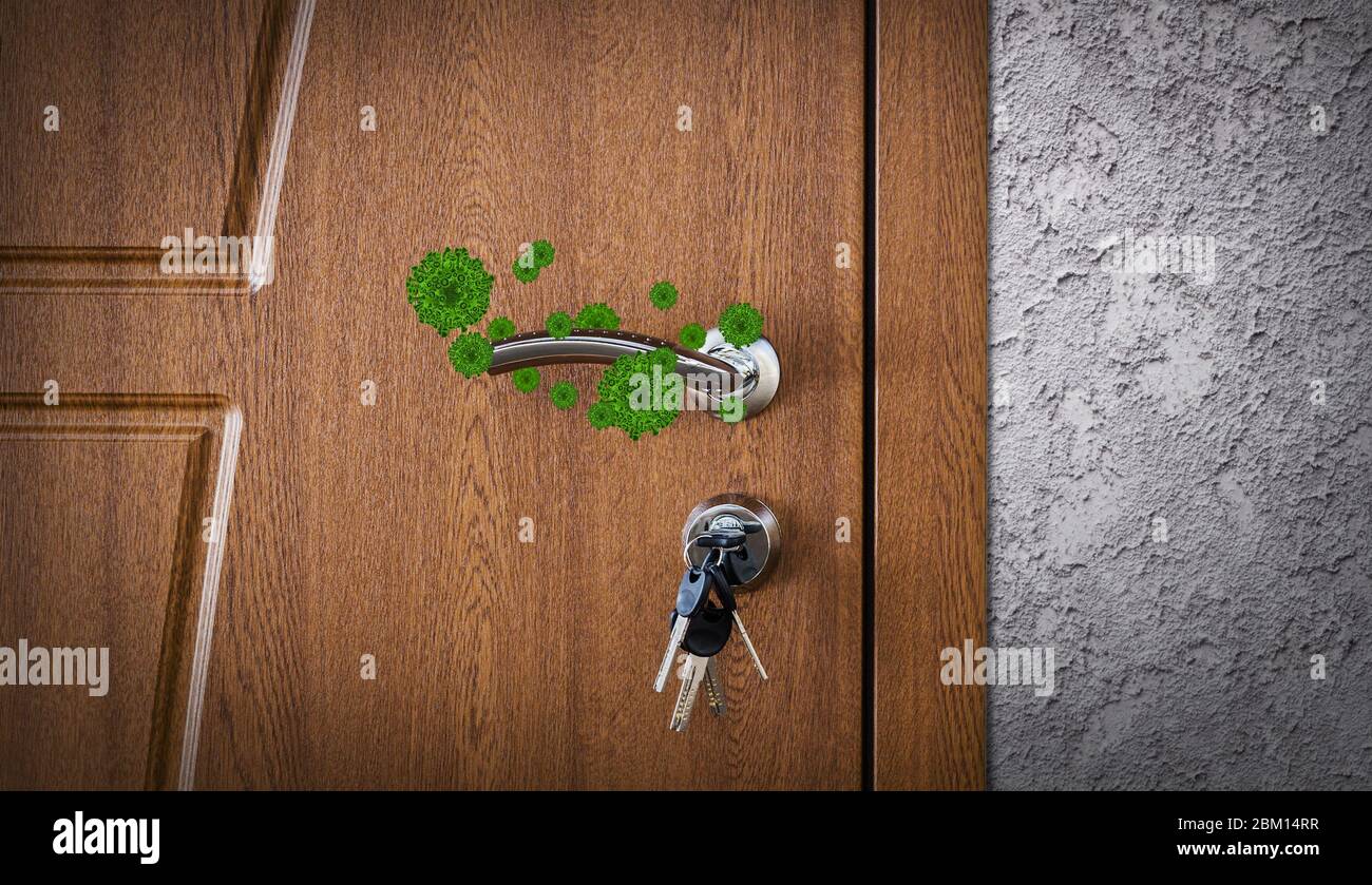 Viral infection alert. Harmful microorganisms on door handle, collage ...