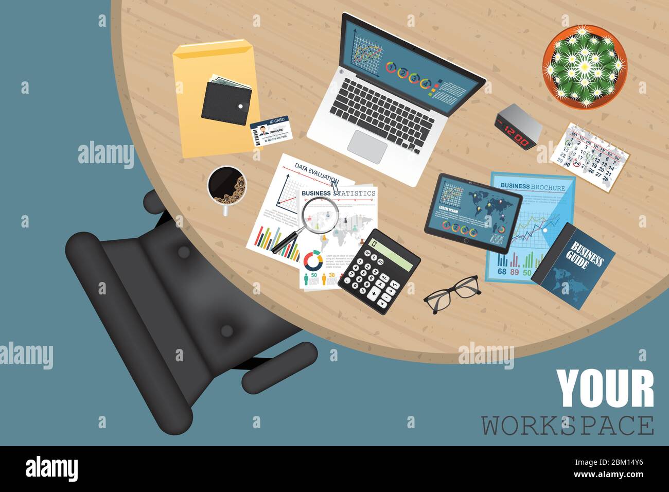 Business workspace top view. Office objects. Business planning and ...