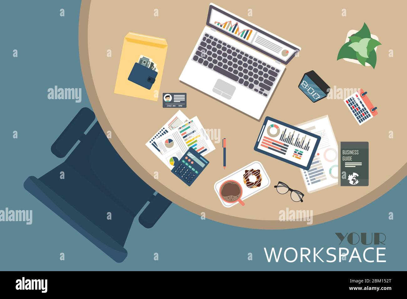 Business workspace top view. Office objects. Business planning and ...