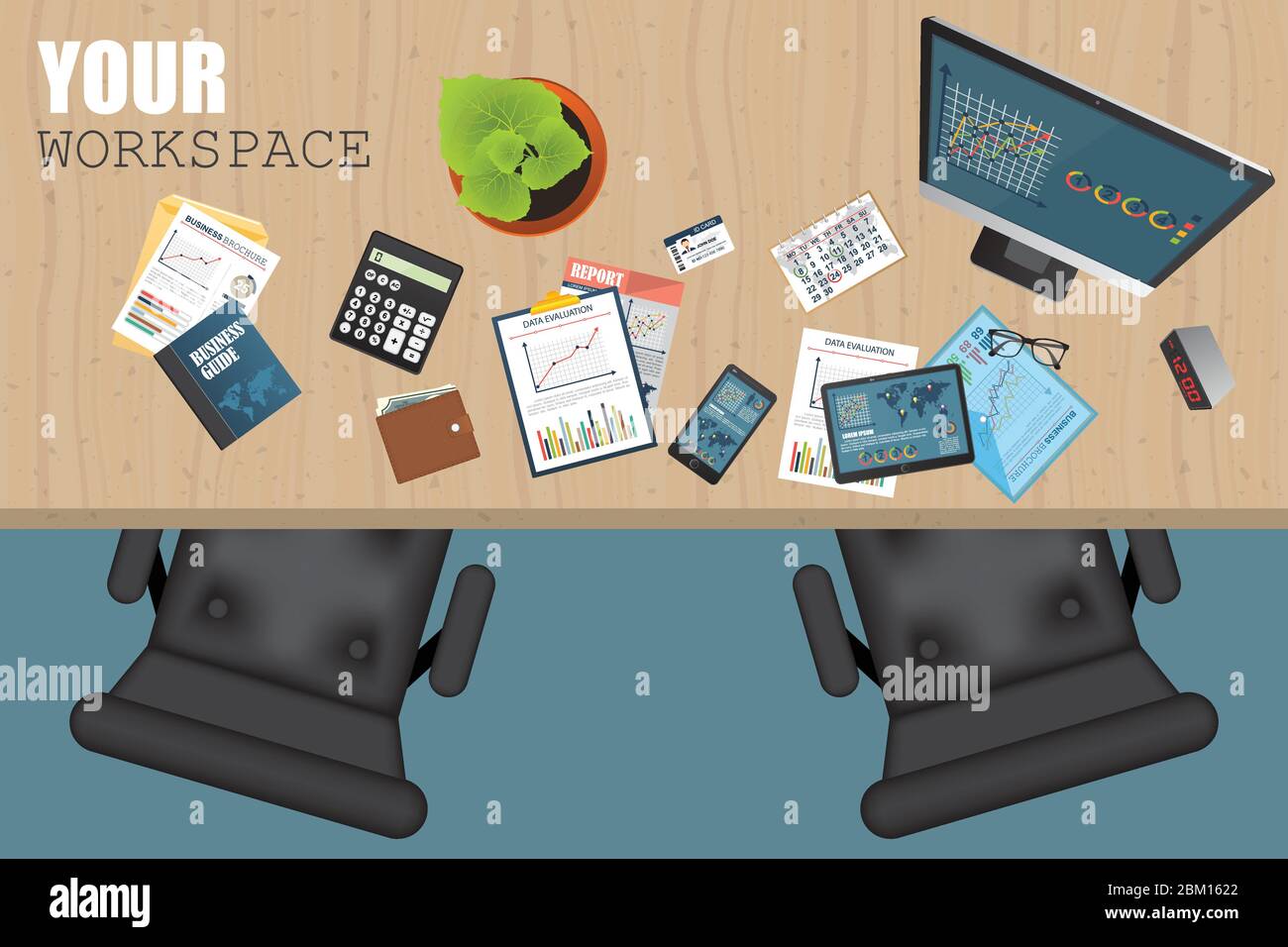 Business workspace top view. Office objects. Business planning and ...
