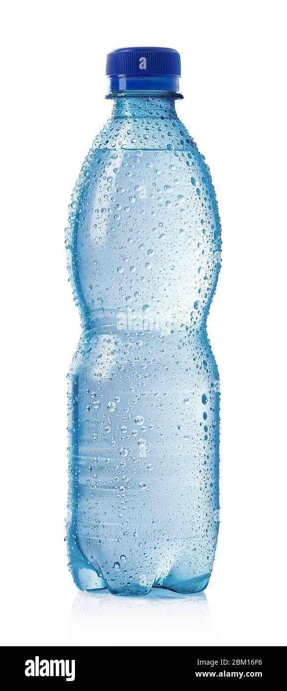 Light blue bottle of cold water with drops isolated on white background ...