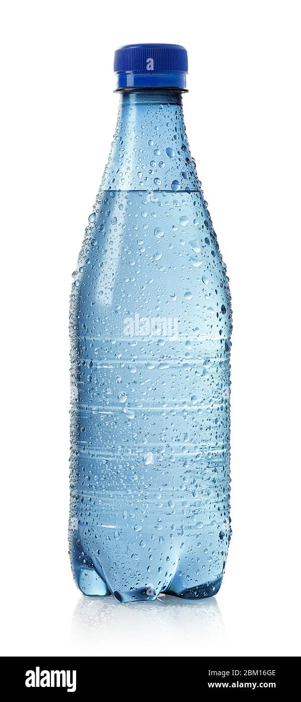 Light blue bottle of cold water with drops isolated on white background ...