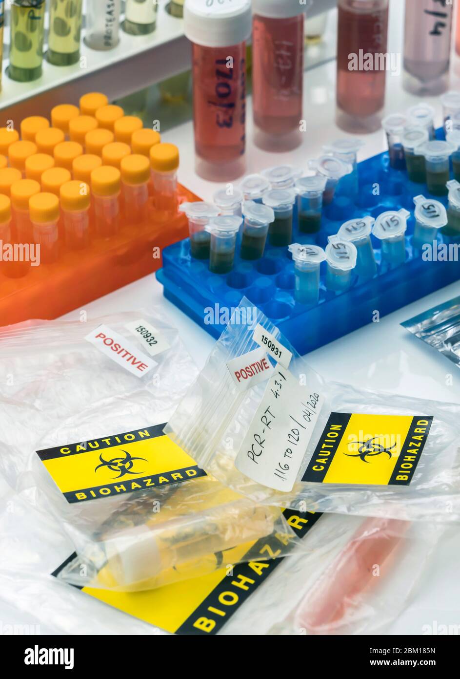 Vials with samples of SARS-COV-2 Covid-19 in a research laboratory ...