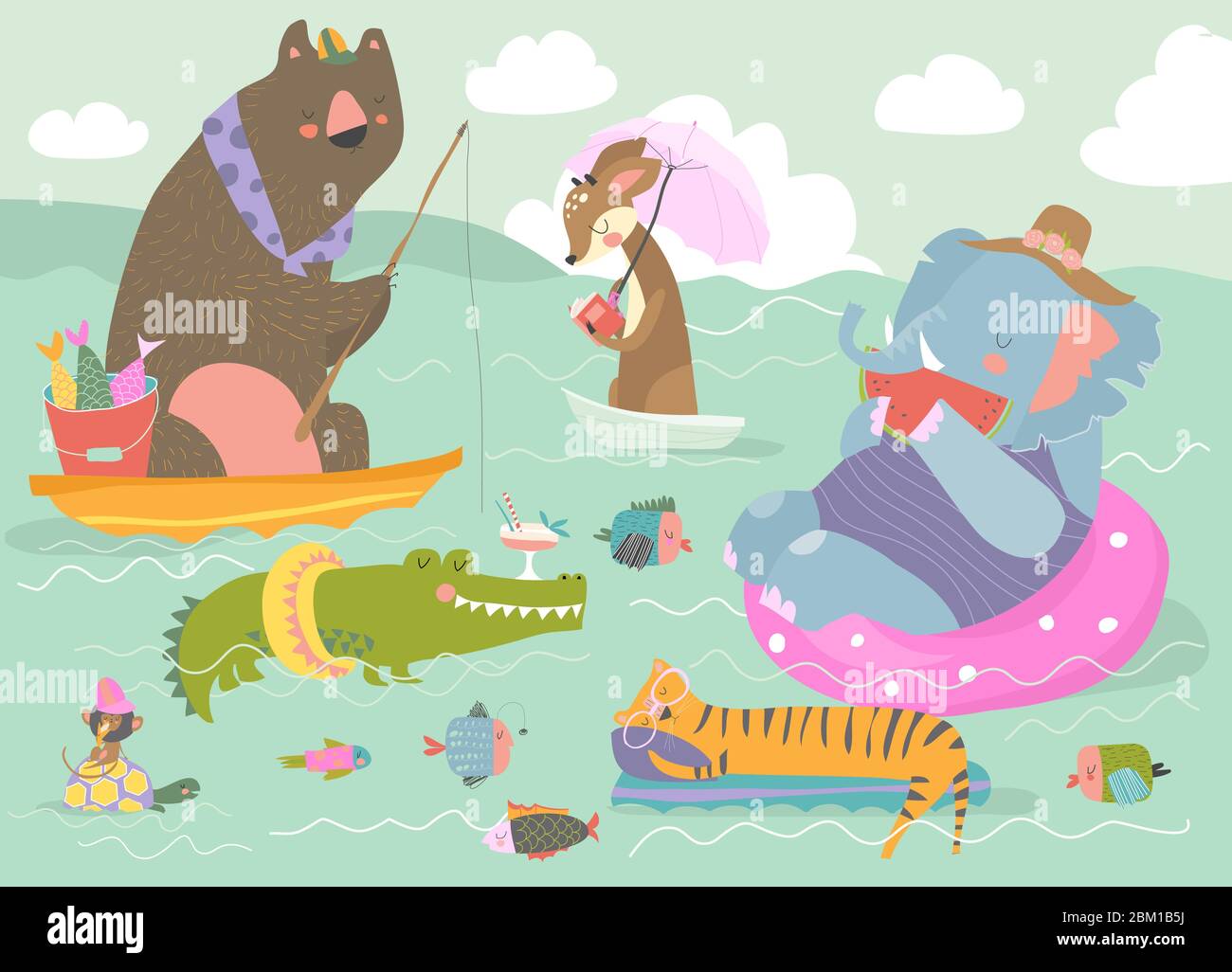 Cute animals resting on river. Happy summer Stock Vector Image & Art ...