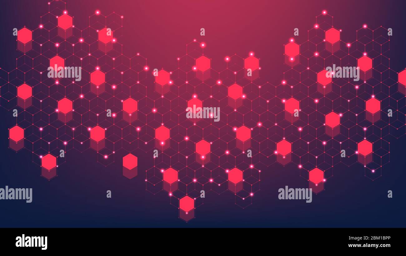 Hexagons abstract grid with connected lines and dots. Embossed hexagons ...