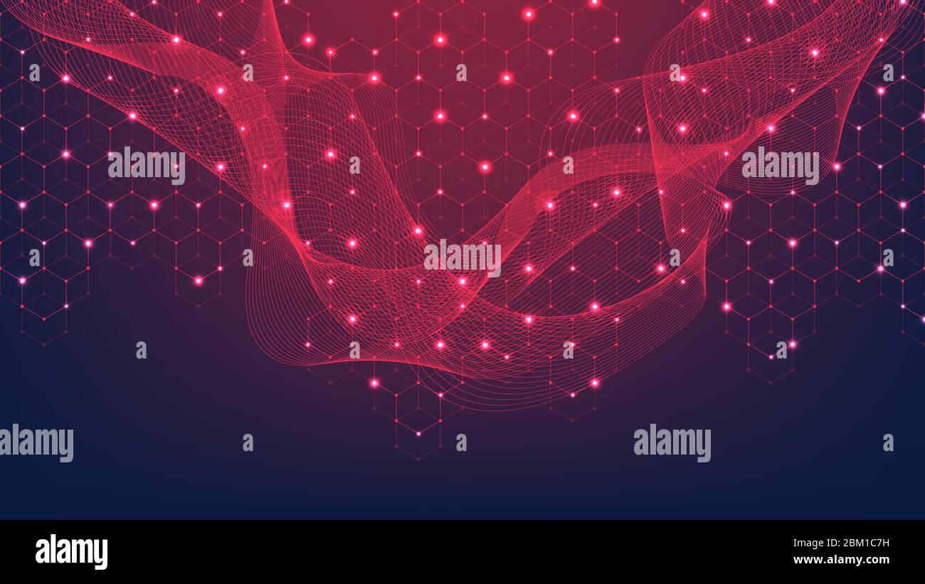 Hexagons abstract grid with connected lines and dots. Embossed hexagons grid background. Hex ...